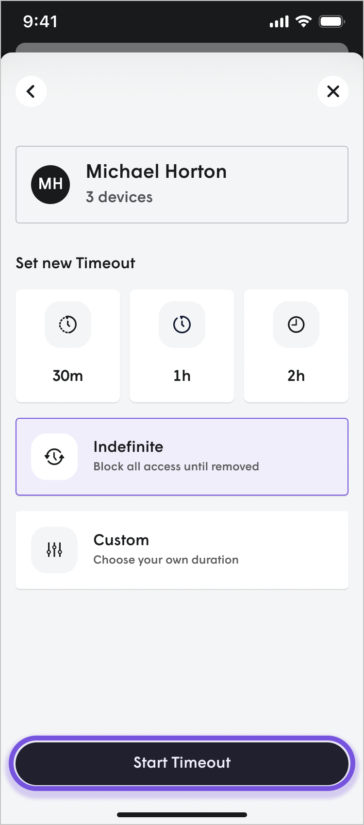 Setting a quick Timeout for a person, group, or device